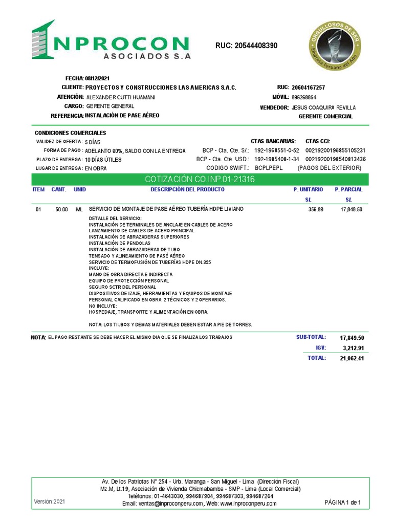 Cotización INP.21316 - 08.12.21 - INSTALACION DE PASE AEREO | PDF