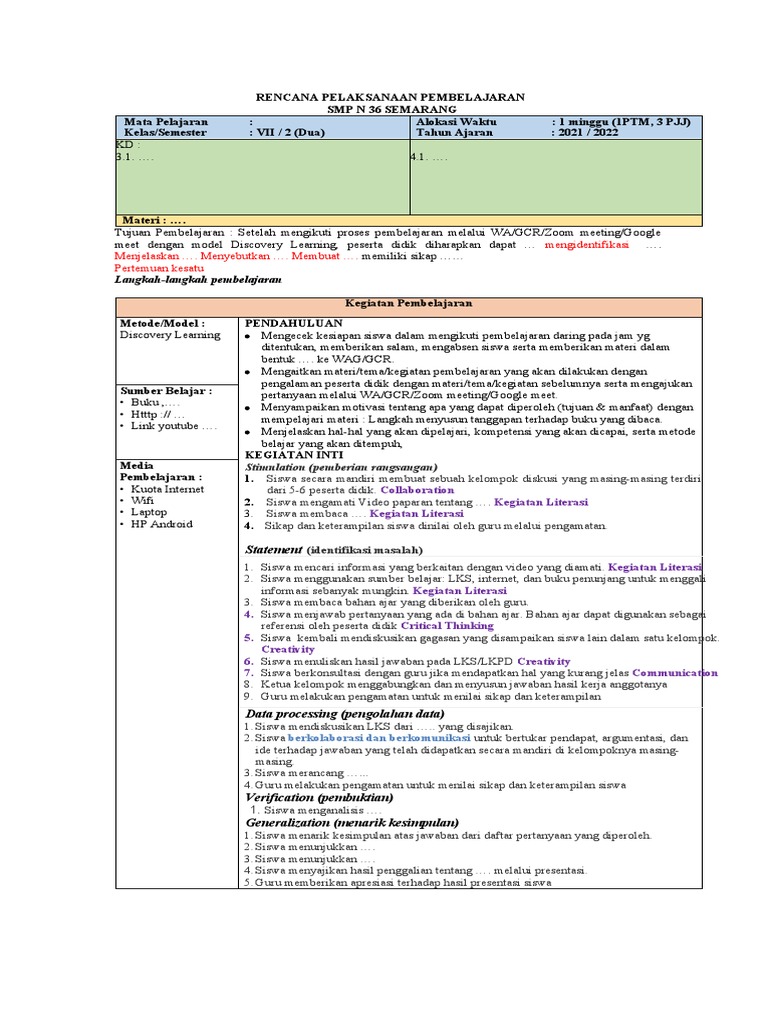 Template RPP DL | PDF