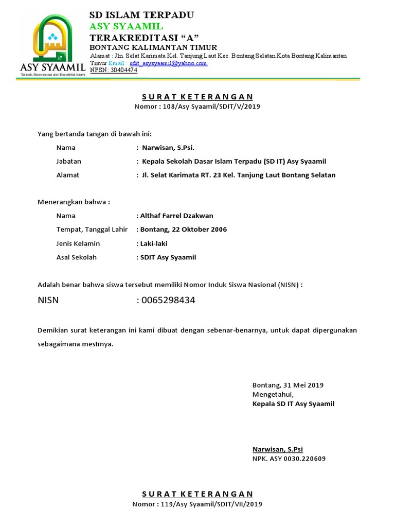 Surat Keterangan Nisn | PDF
