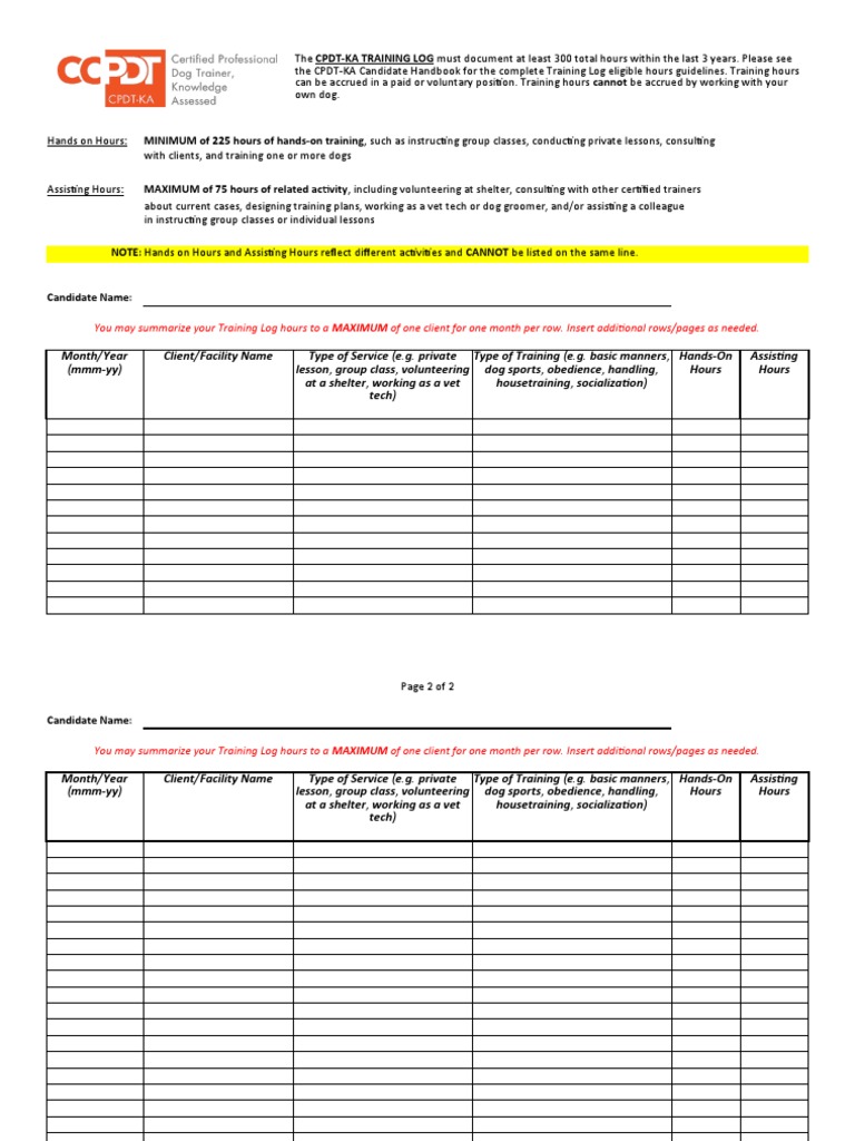 You May Summarize Your Training Log Hours To A MAXIMUM of One Client ...