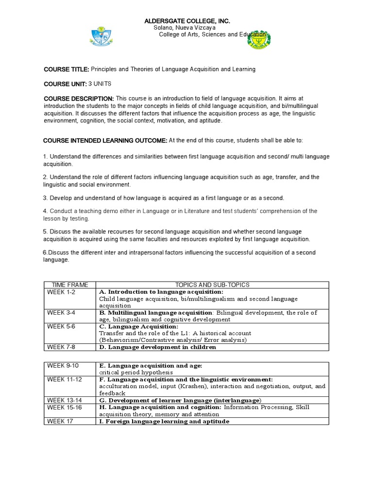 Course Outline in Principles and Theories in Language Acquisition and Learning | PDF | Second ...