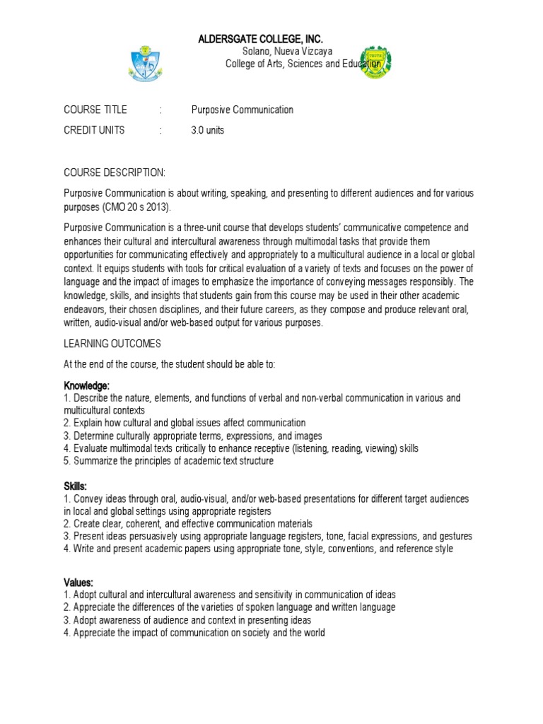 Course Outline in Purposive Com | PDF | Communication | Cross Cultural ...