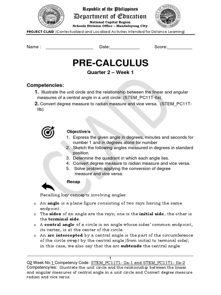Pre-Cal Q2 Week-1 | PDF | Angle | Triangle Geometry