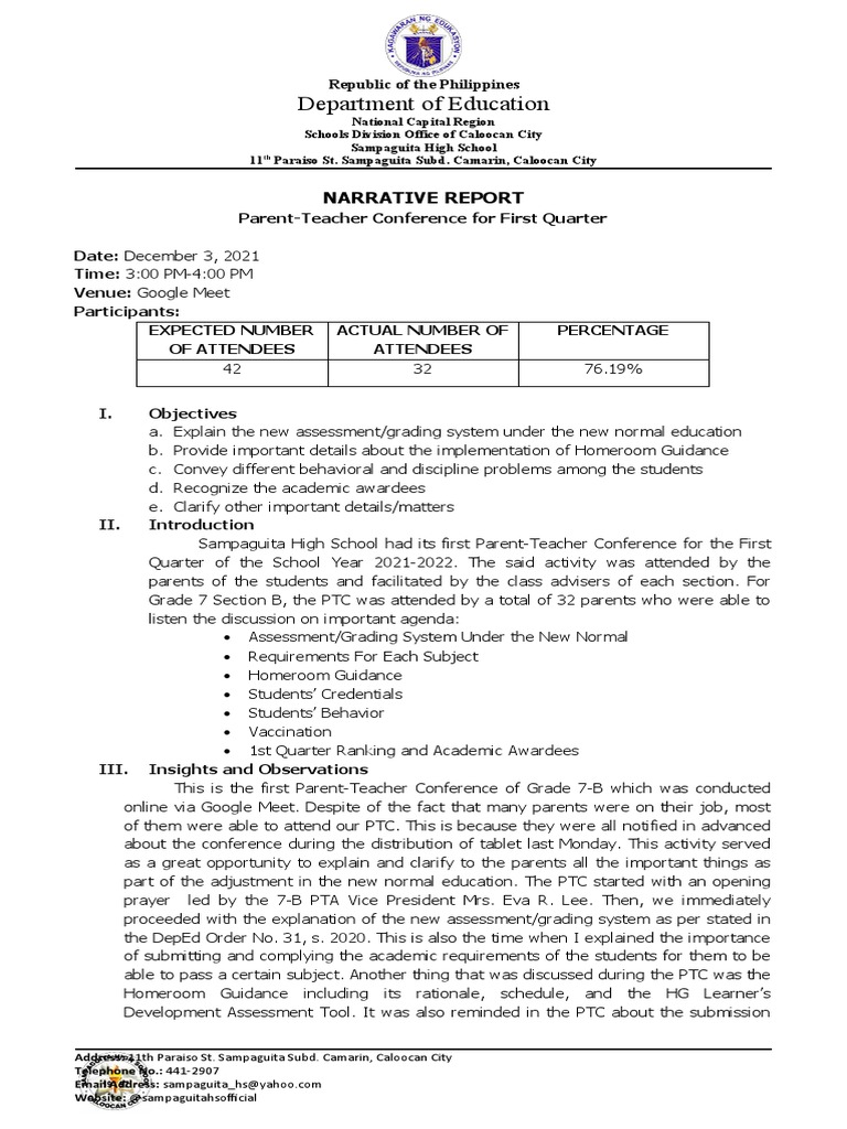 First Quarter Parent-Teacher Conference Report | PDF | Communication ...