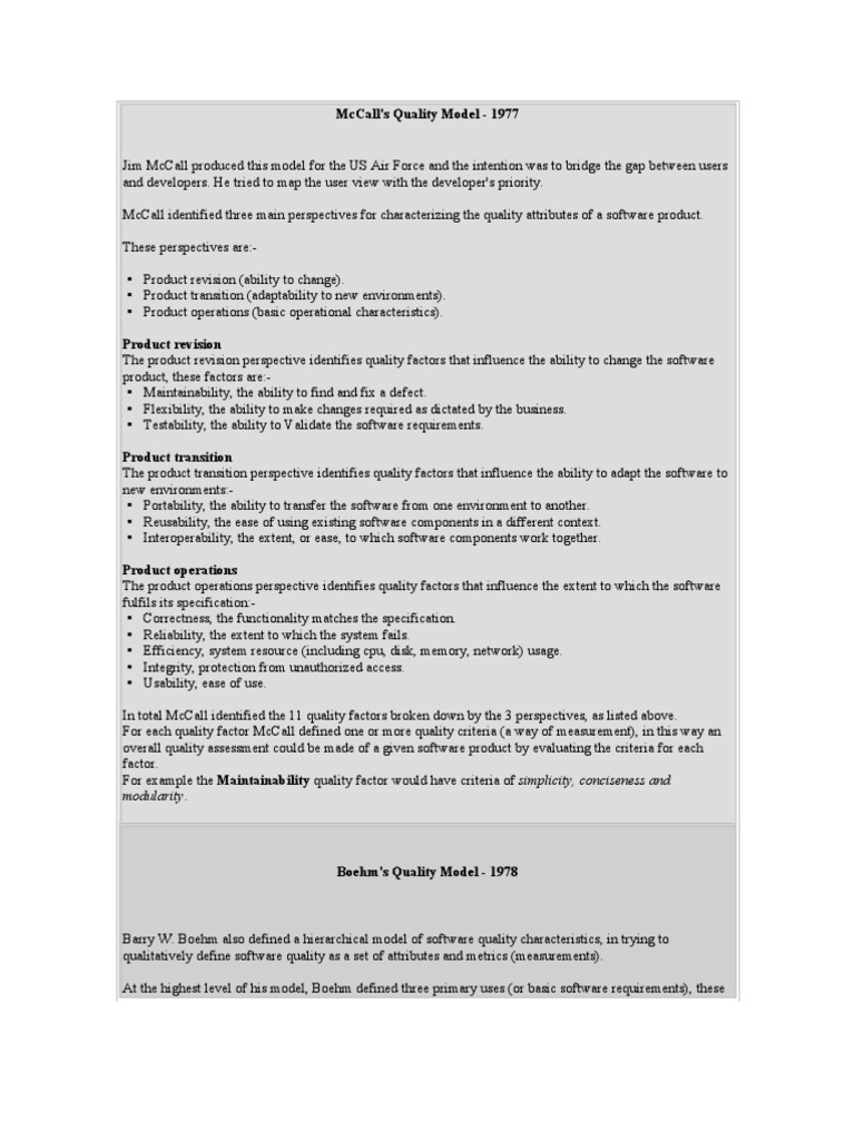 McCall vs. Boehm Software Quality Models | PDF | Software Quality ...