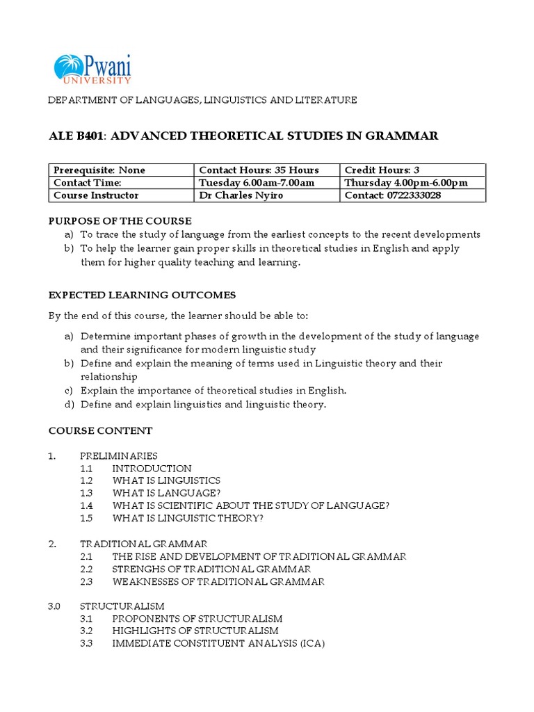 ALE B401 Advanced Theor Studies in Grammar Course Outline | PDF ...