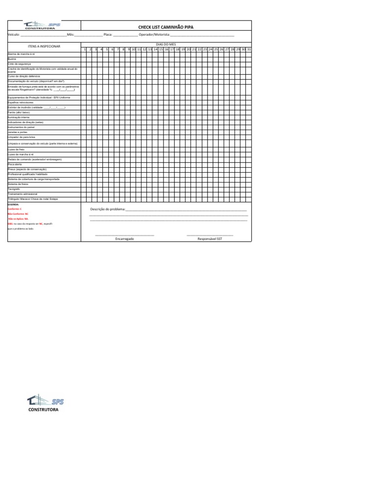 Check List Caminhão Pipa | PDF