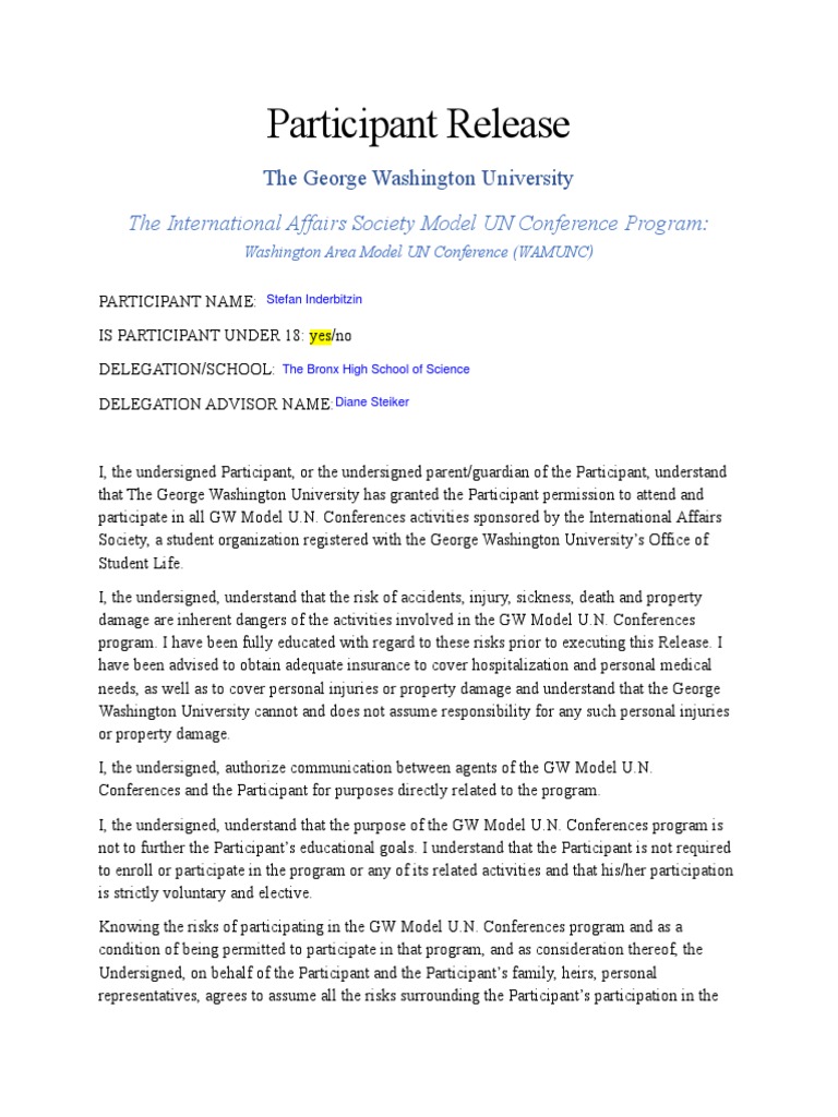 WAMUNC Participant Release Form PDF | PDF | Legal Liability | Indemnity