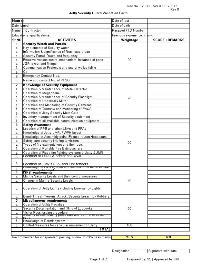 Jetty Security Guard Evaluation Form | PDF | Security Guard | National ...