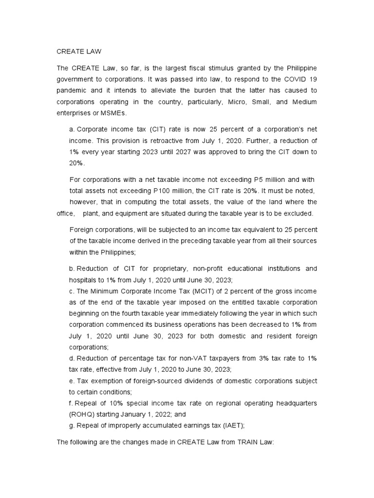 CREATE LAW - Short Intro | PDF | Taxes | Corporate Tax In The United States