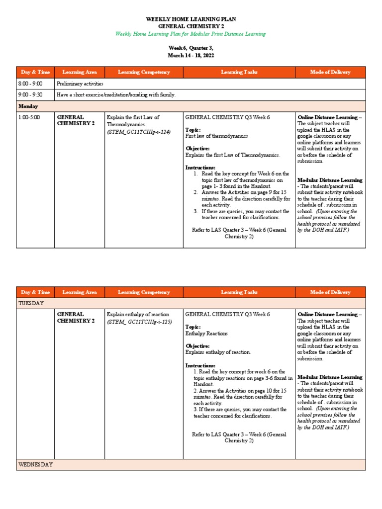 Weekly Home Learning Plan For Modular Print Distance Learning | PDF ...