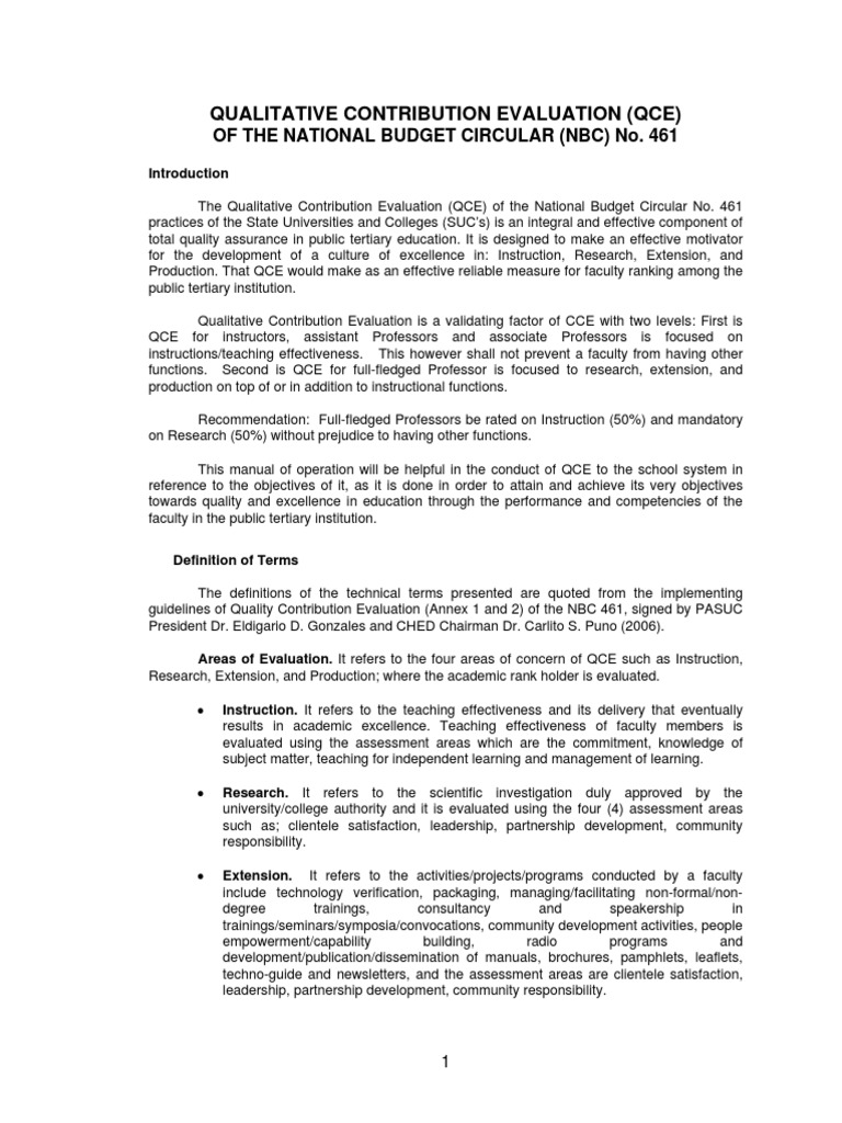Qualitative Contribution Evaluation (Qce) : of The National Budget ...