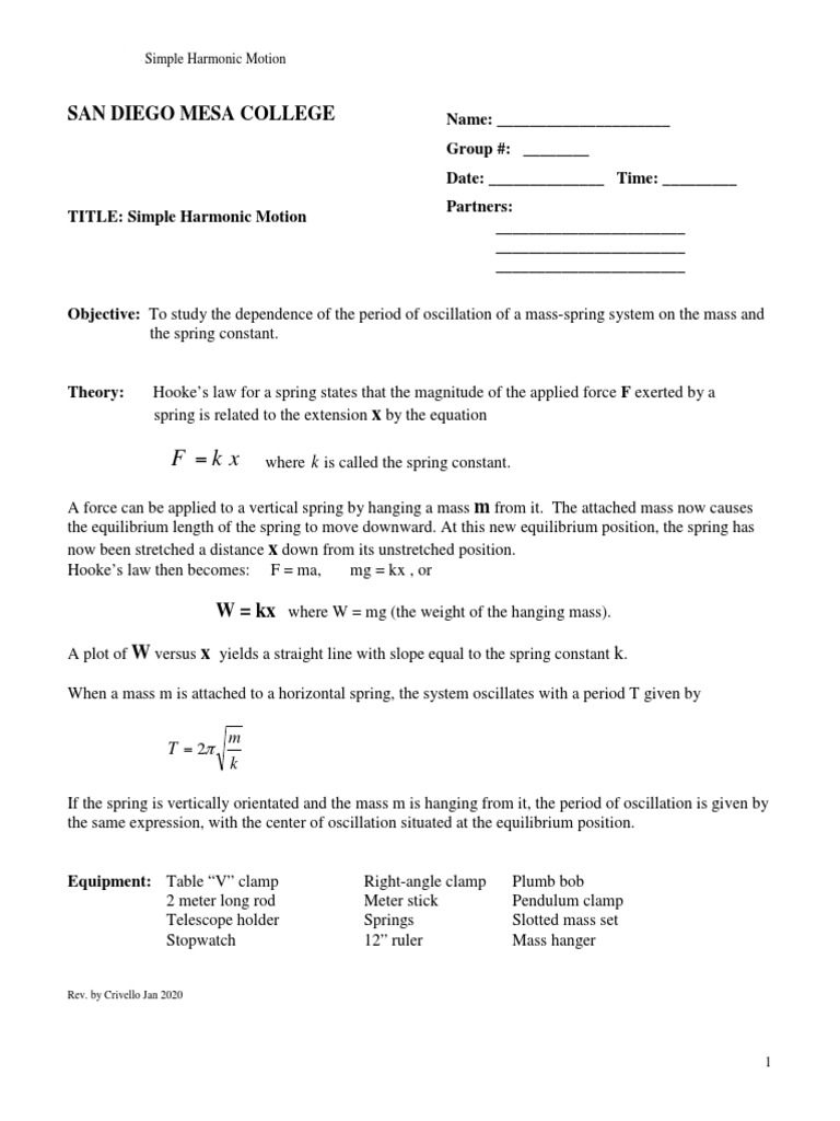 Simple Harmonic Motion Lab Report | PDF | Mass | Physical Quantities