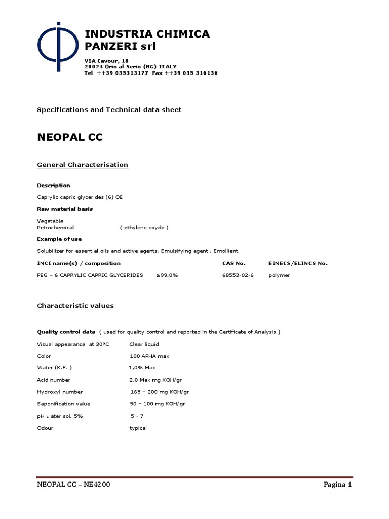 TDS Neopal CC - Panzeri | PDF | Chemistry | Chemical Substances