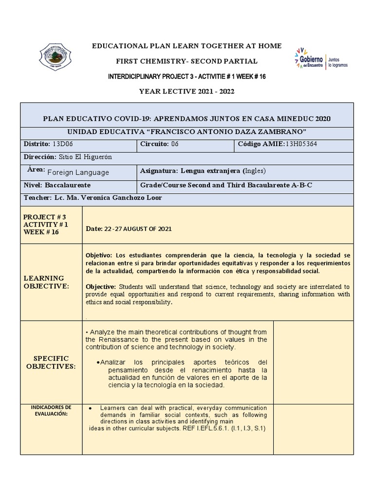 Project 3 English Act # 1 Week# 16 Second and Third Baccalaurate A-B-C ...