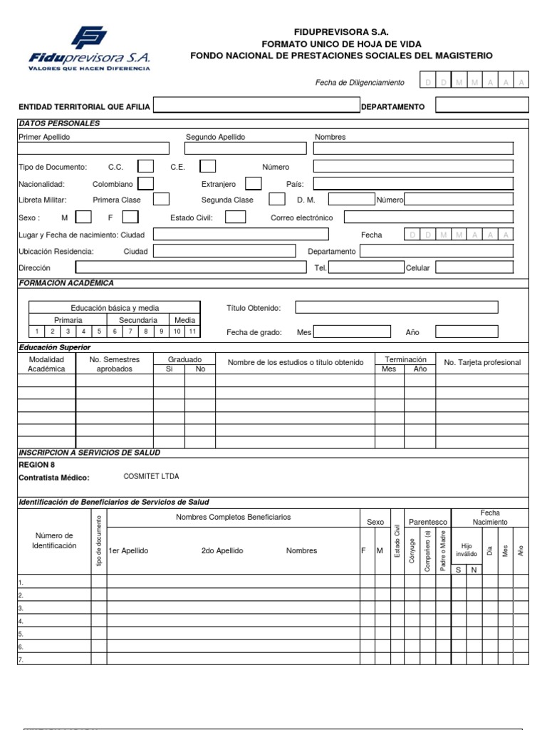 Formato Hoja de Vida Fiduprevisora | PDF | Educación Secundaria ...