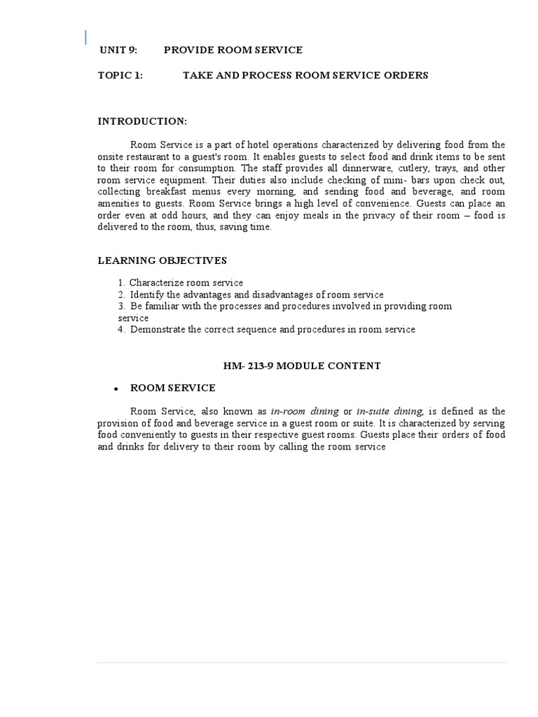 Unit 9 Provide Room Service (1) .Docx New - Docx New | PDF