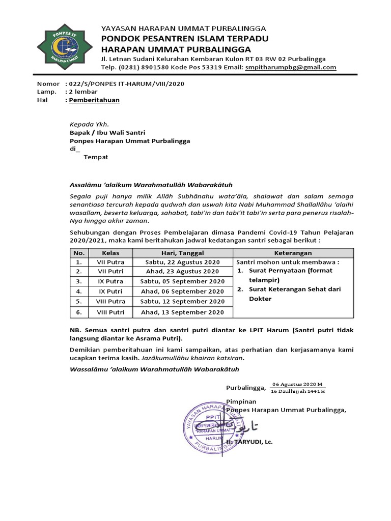 Surat Pemberitahuan Kedatangan Santri | PDF