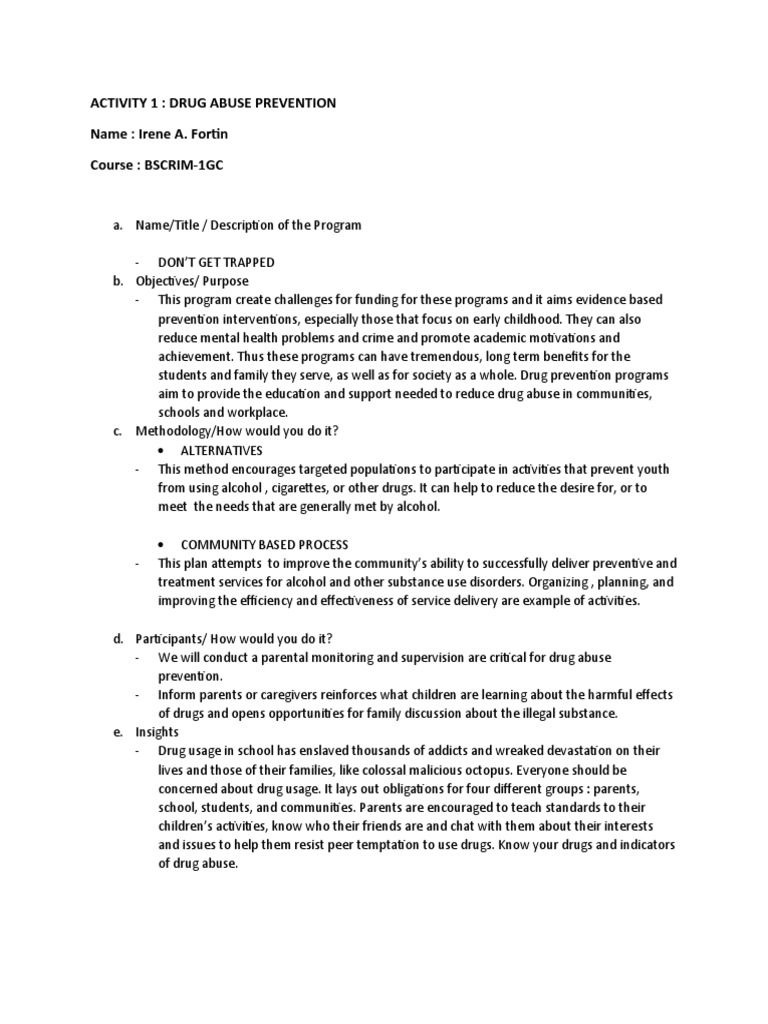 Activity 1: Drug Abuse Prevention Name: Irene A. Fortin Course: BSCRIM ...