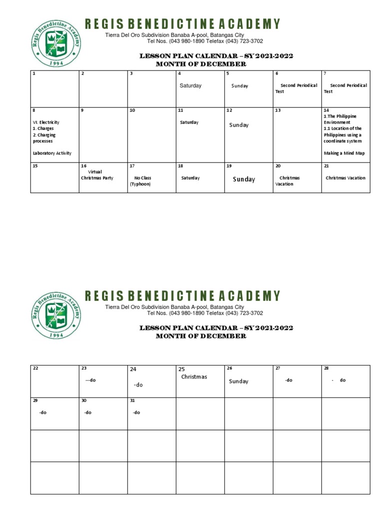 December 2021 Lesson Plan Calendar | PDF