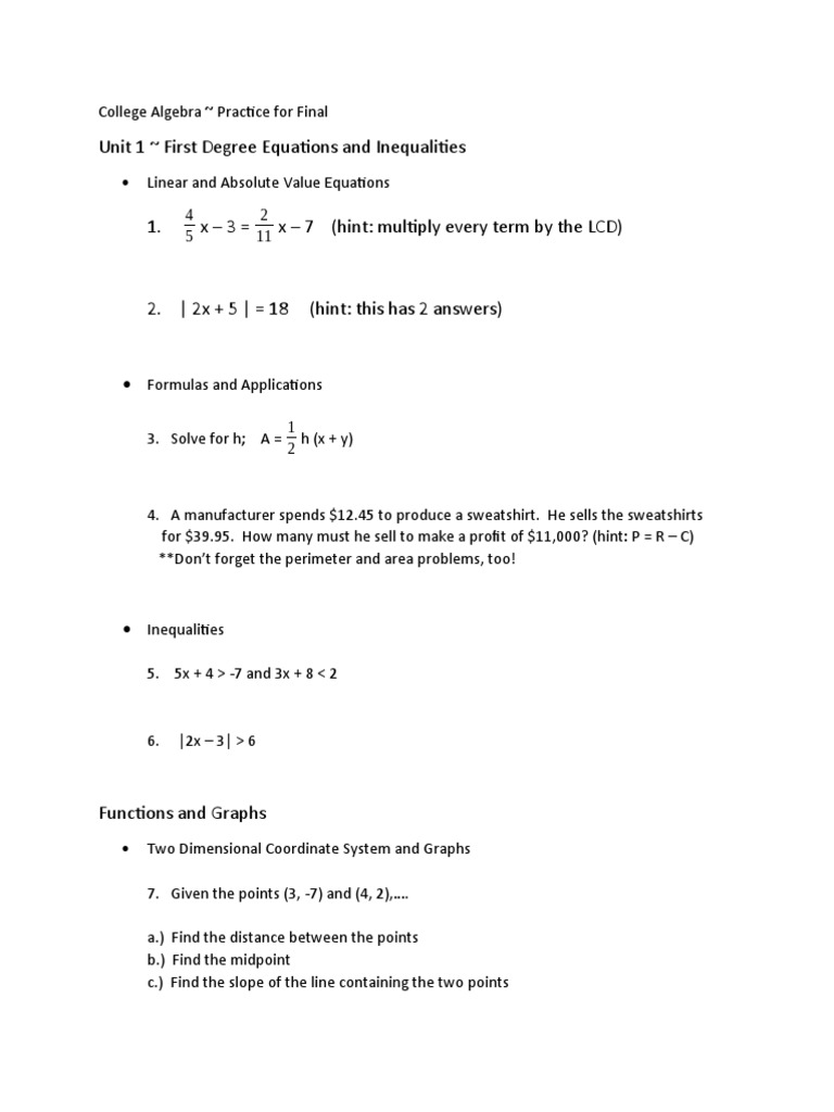 College Algebra Final Exam Practice | PDF | Logarithm | Quadratic Equation