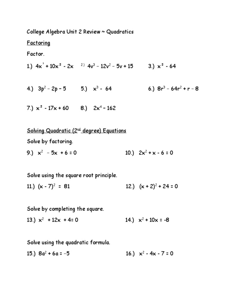 College Algebra Quadratics Review Guide | PDF | Quadratic Equation ...