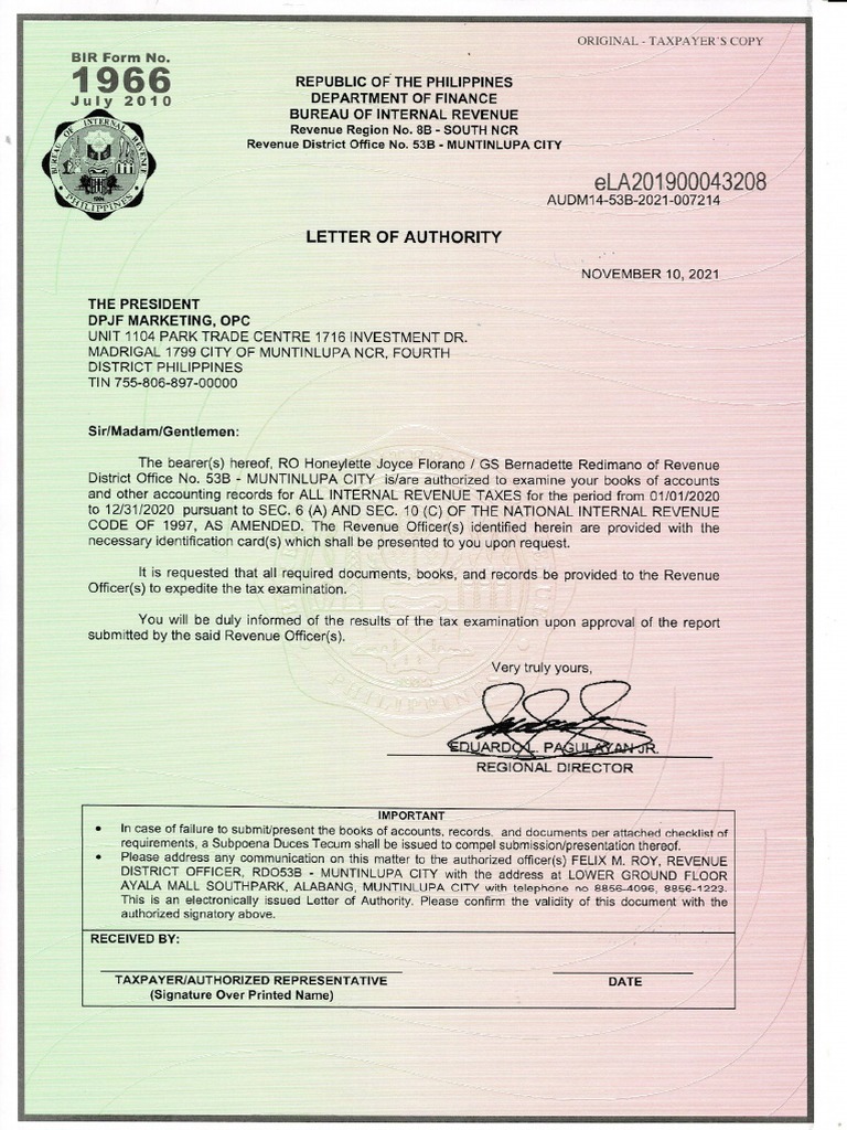 Letter of Authority - BIR 2021 | PDF