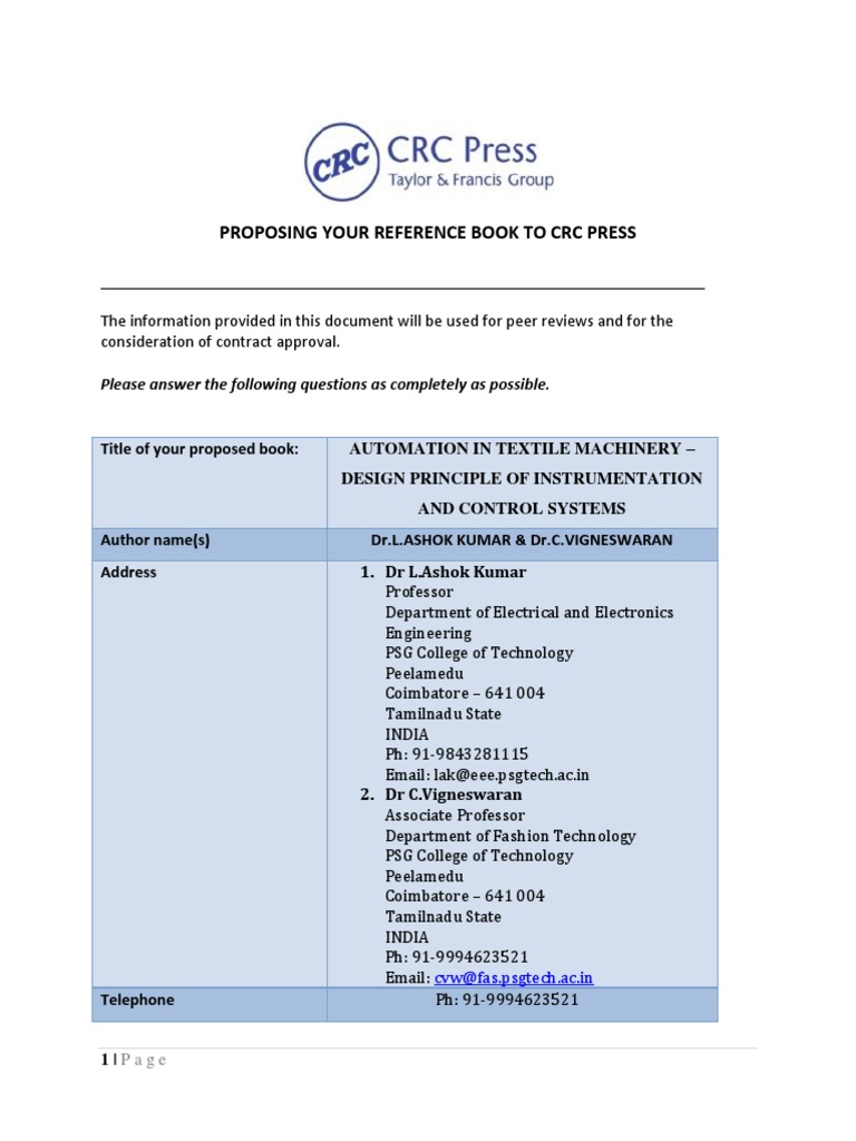 Proposing Your Reference Book To CRC Press: Please Answer The Following ...