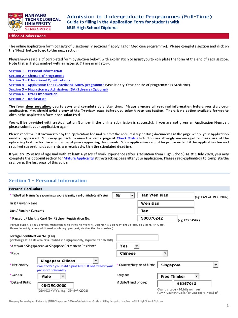 Admission To Undergraduate Programmes (Full-Time) Guide To Filling in ...