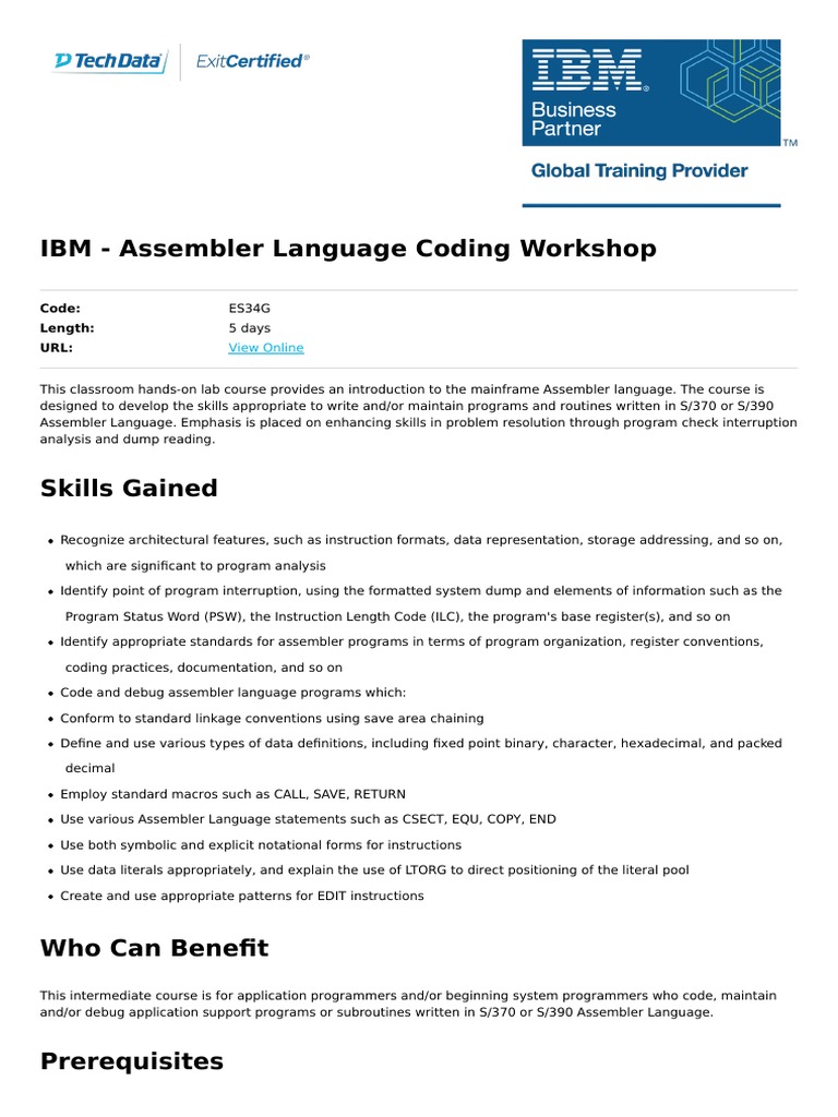 Ibm Assembler Language Coding Workshop View Online Pdf Assembly 8881