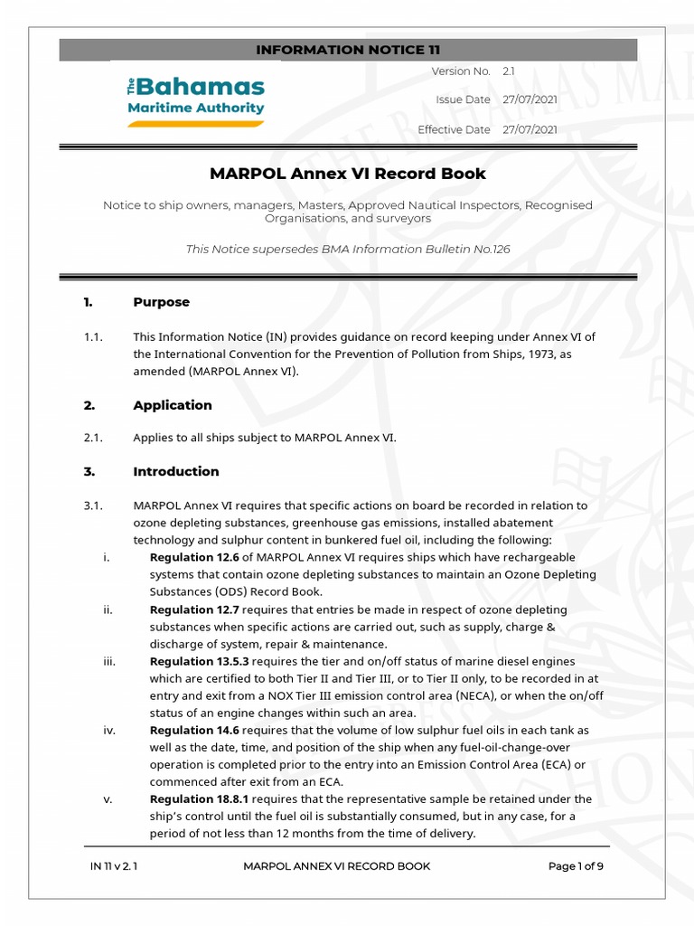 IN011 MARPOL Annex VI Record Book v2.1 | PDF