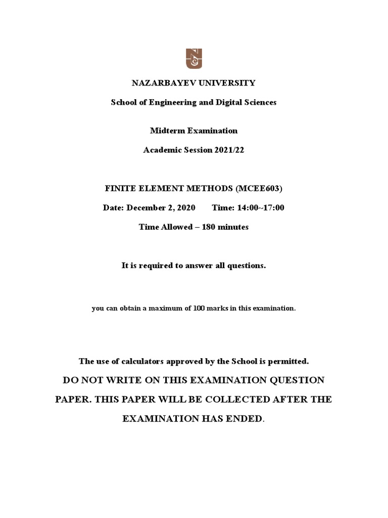 Mcee603 Finite Element Method Fall 2021 Midterm Exam Ii Pdf Yield Engineering