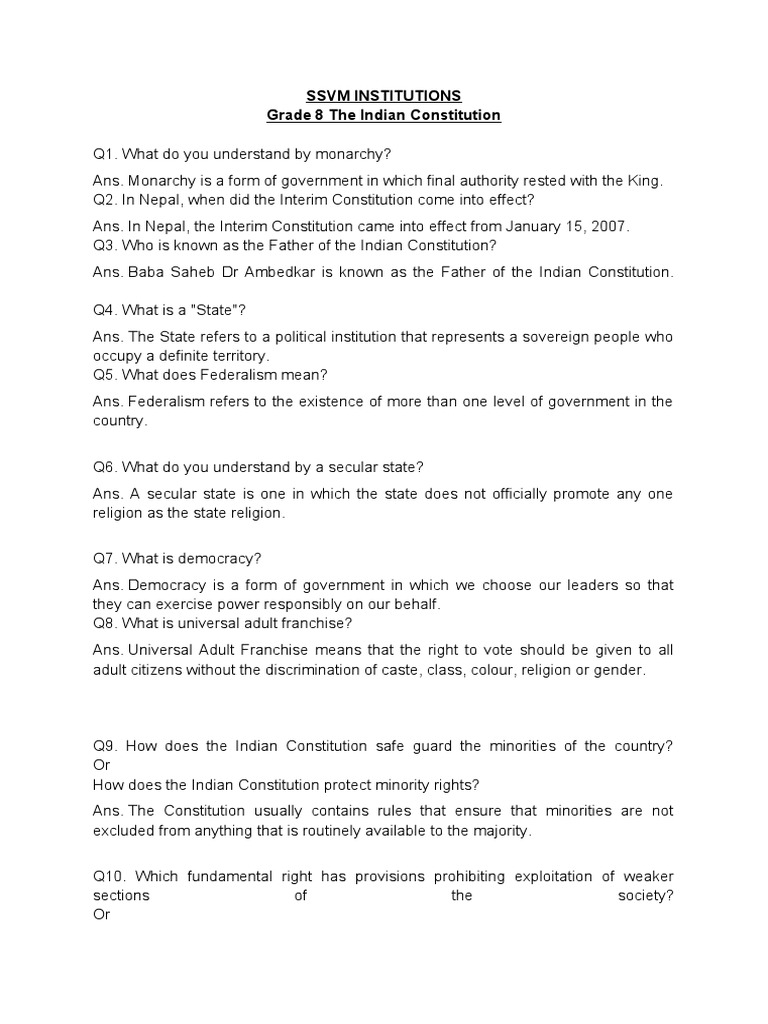 SSVM Institutions Grade 8 The Indian Constitution | PDF | Separation Of ...