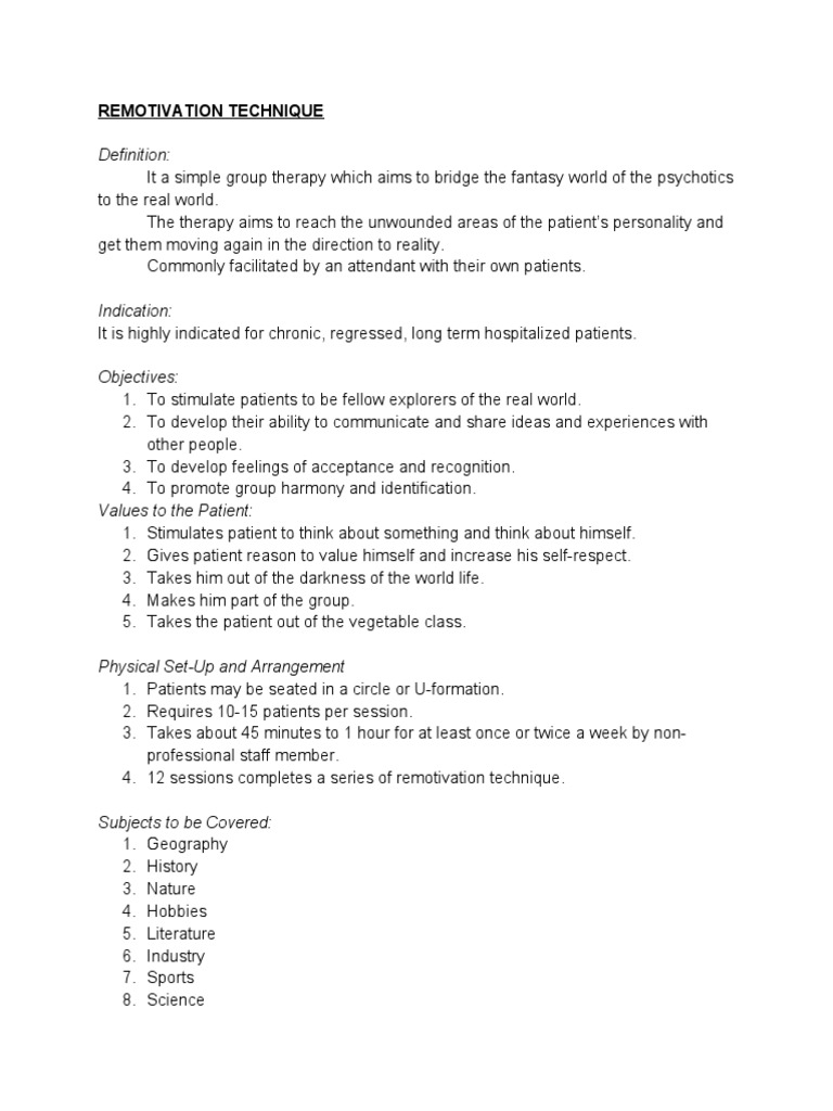 Remotivation Technique for Psychotic Patients | PDF | Psychotherapy ...