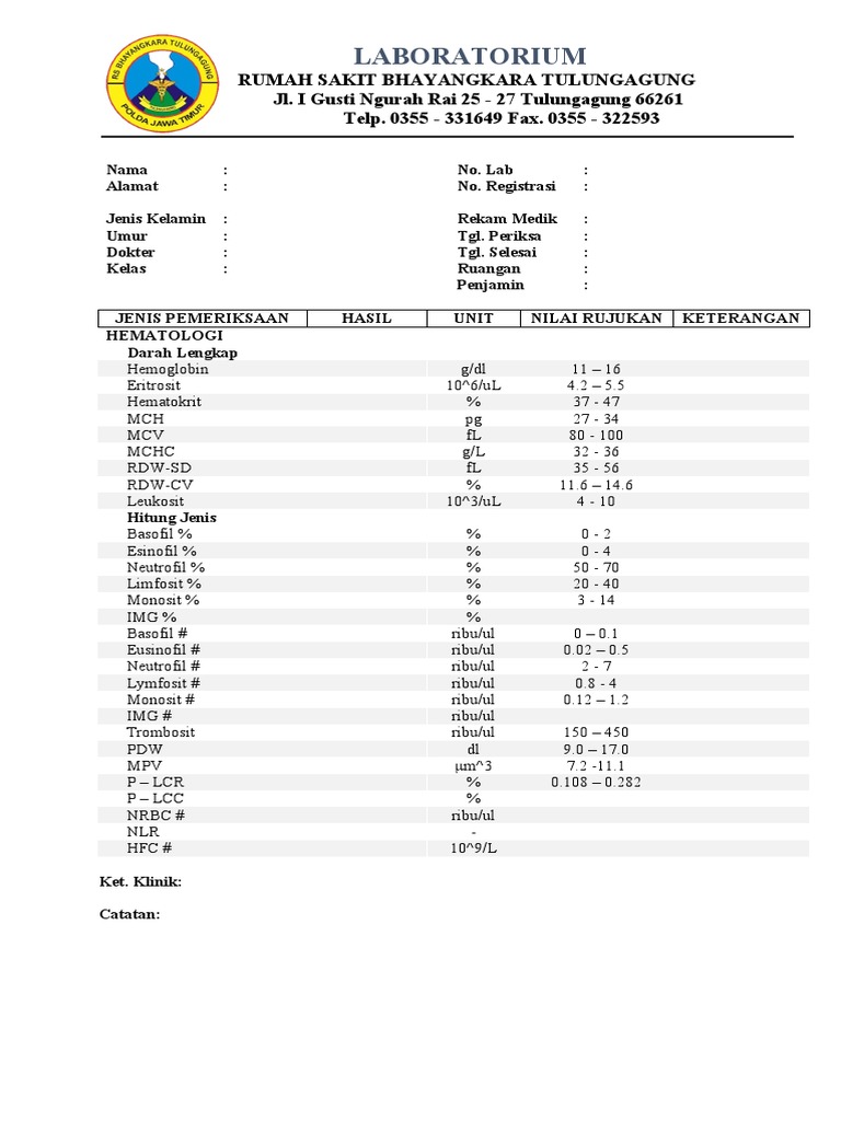 Hasil Lab Darah Lengkap Bhayangara - 1 | PDF