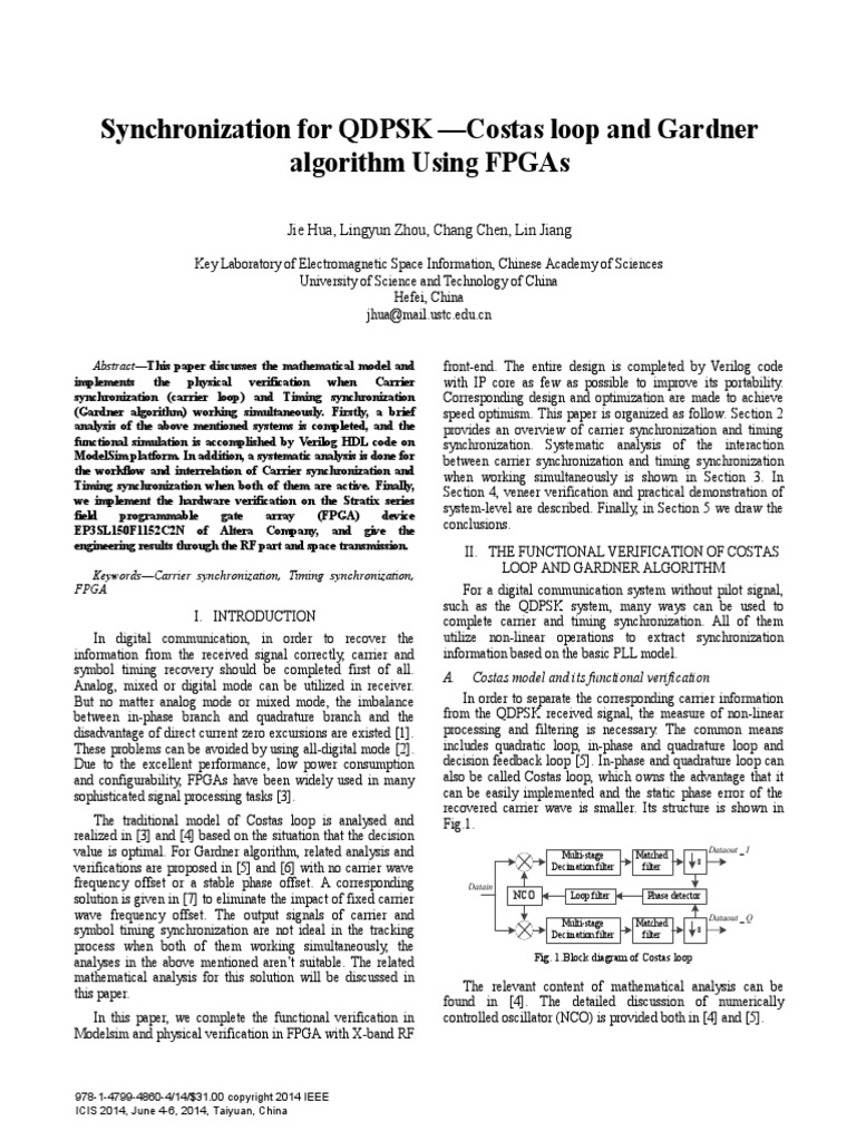 Synchronization For QDPSK - Costas Loop and Gardner Algorithm Using Fpgas | PDF | Field ...