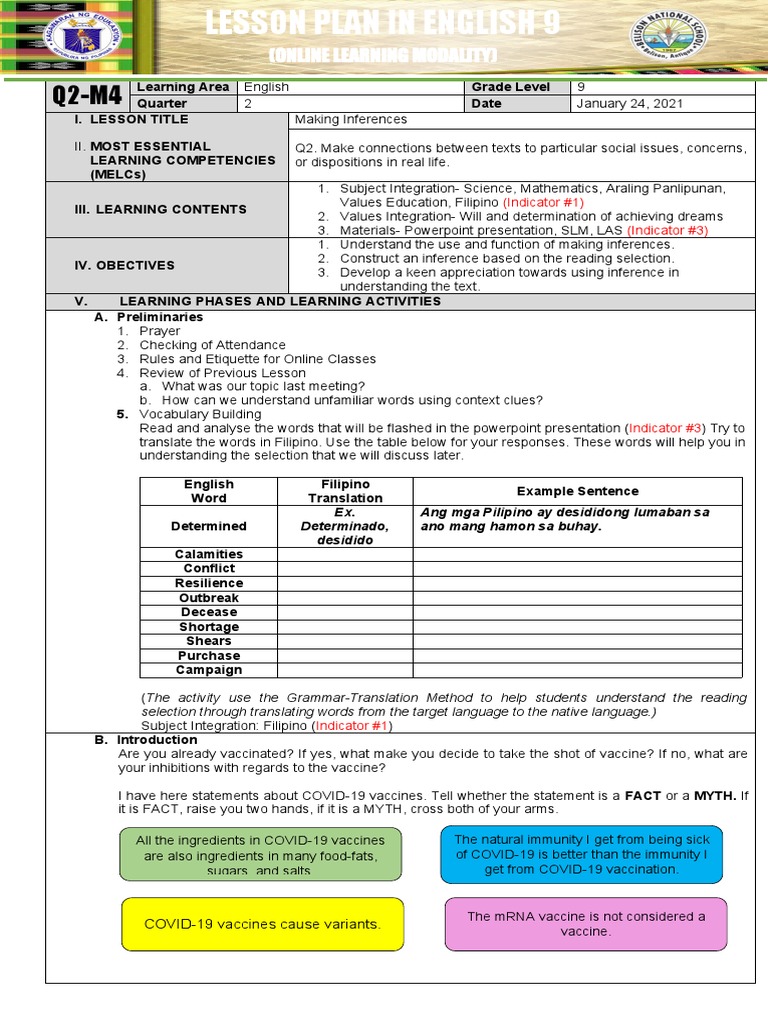 Making Inferences in English 9 Lessons | PDF | Reading Comprehension ...