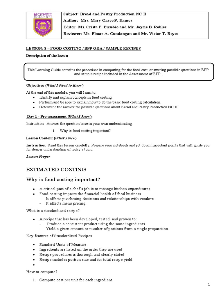Standardized Recipes and Food Costing: Calculating Costs, Answering ...