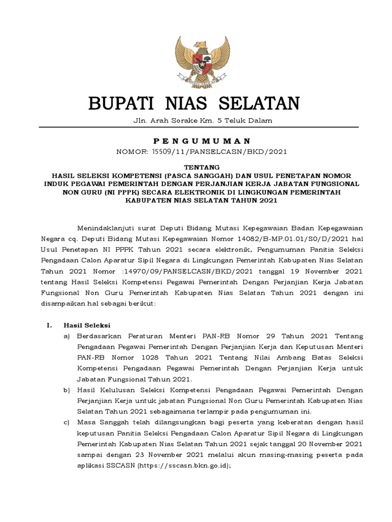 Nias Selatan - Pengumuman Hasil Seleksi Kompetensi (Pasca Sanggah) Dan Usul Penetapan PPPK Non ...