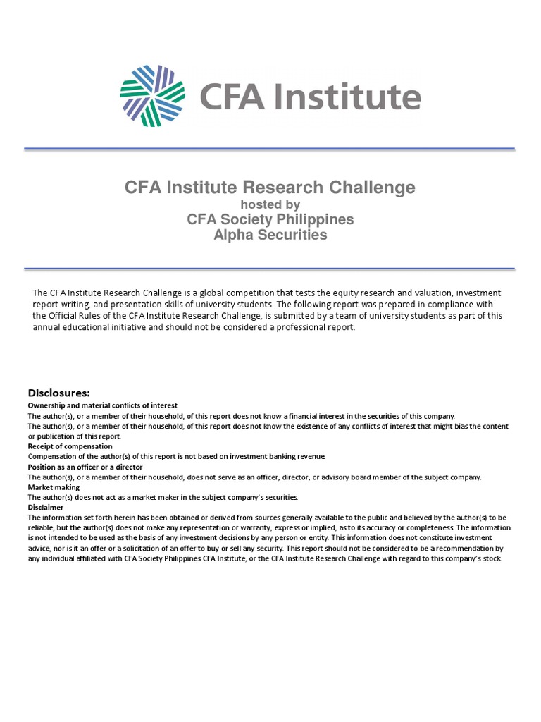 CFA Institute Research Challenge: CFA Society Philippines Alpha Securities | PDF | Cost Of ...