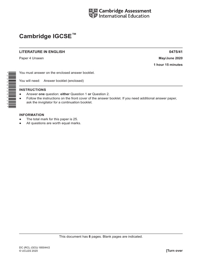 Cambridge IGCSE: Literature in English 0475/41 | PDF