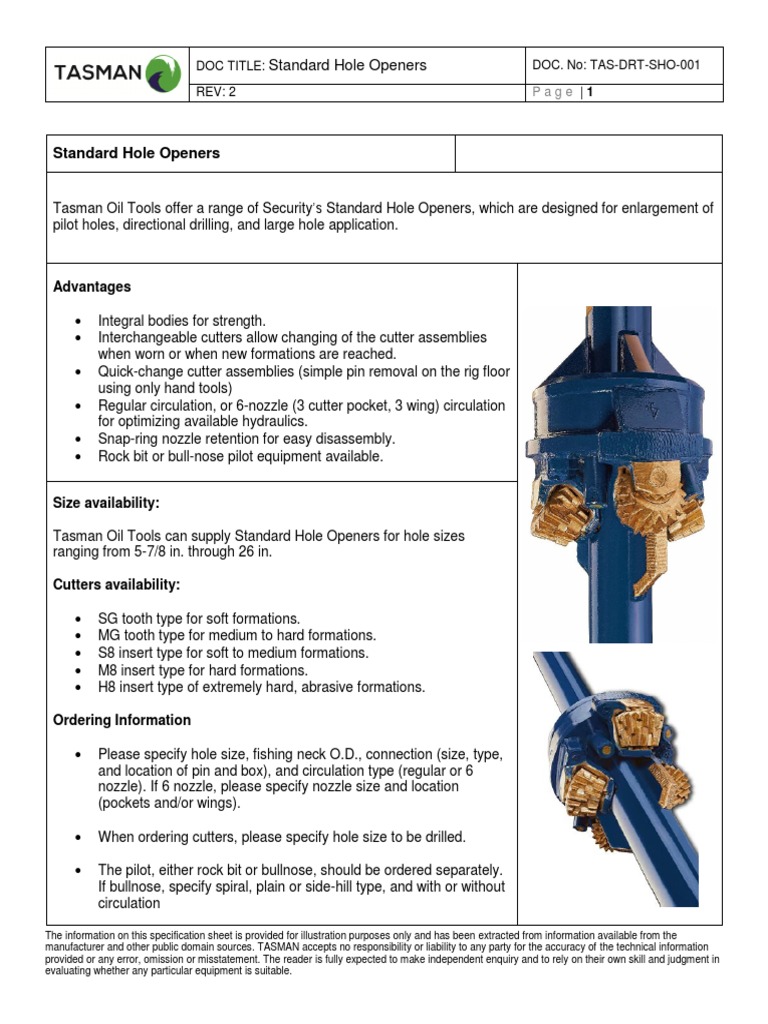 Tasman Oil Tools Hole Openers Guide | PDF | Tools | Equipment