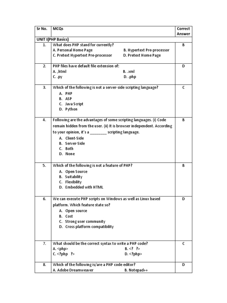 PHP MCQs | PDF | Php | Scripting Language PHP MCQs | PDF | Php | Scripting Language