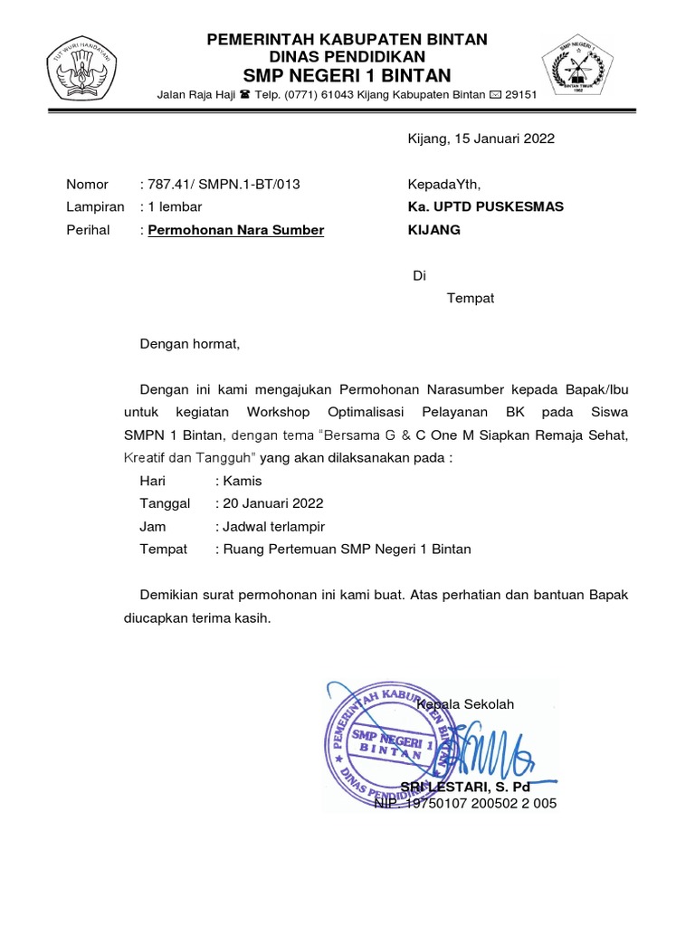 Surat Permohonan Nara Sumber (Ka. UPTD Puskesmas Kijang) | PDF
