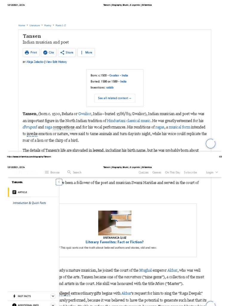 Tansen - Biography, Music, & Legends | PDF