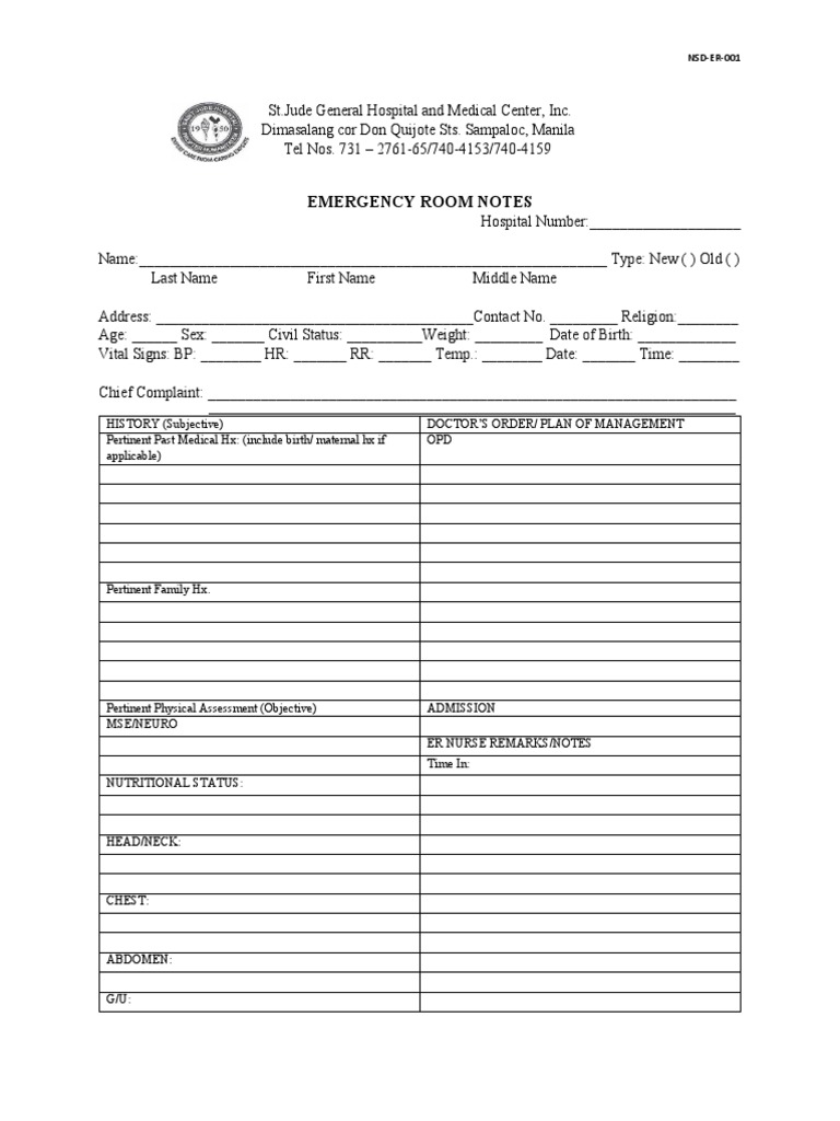 Emergency Room Notes: NSD-ER-001 | Download Free PDF | Patient | Hospital