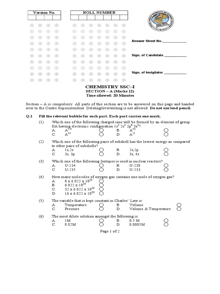 Chemistry Ssc-I: Answer Sheet No. | PDF | Chemical Compounds | Atoms
