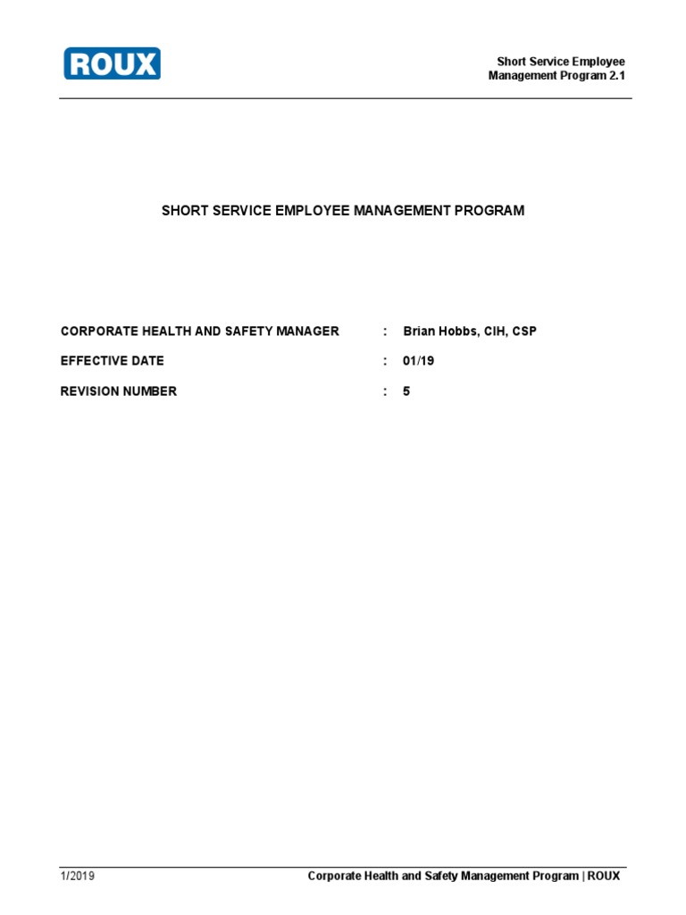 Short Service Employee Management Program | PDF | Occupational Safety ...
