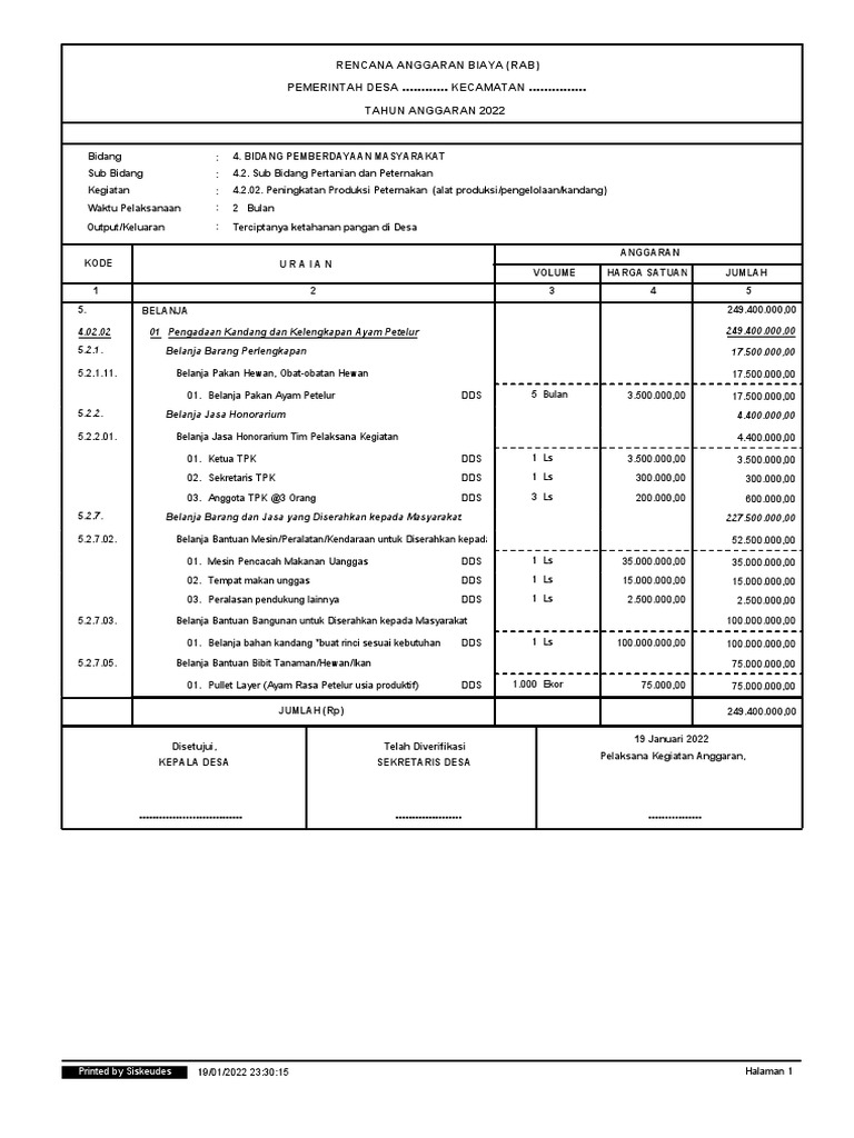 Contoh Rab-Bantuan Ayam Petelur 2022 | PDF