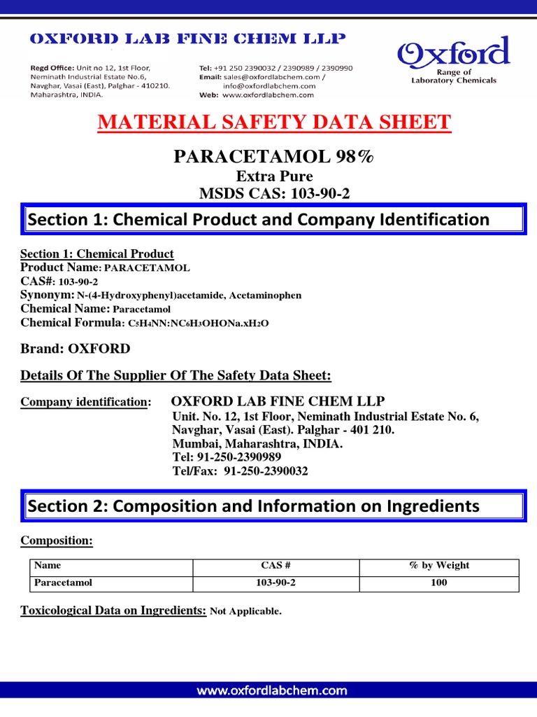 Material Safety Data Sheet: Paracetamol 98% | PDF | Toxicity | Fires